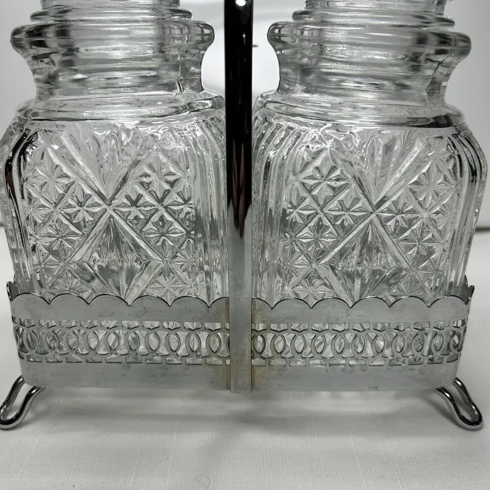 Dining | Vintage Pressed Glass Condiment Set Silver Tone Caddy 4 Piece ...